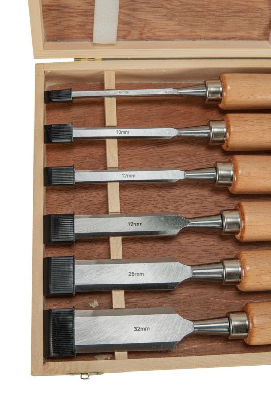 6 x Stechbeitel in Holzkiste Profi Stemmeisen Stecheisen Beitel Holz ...
